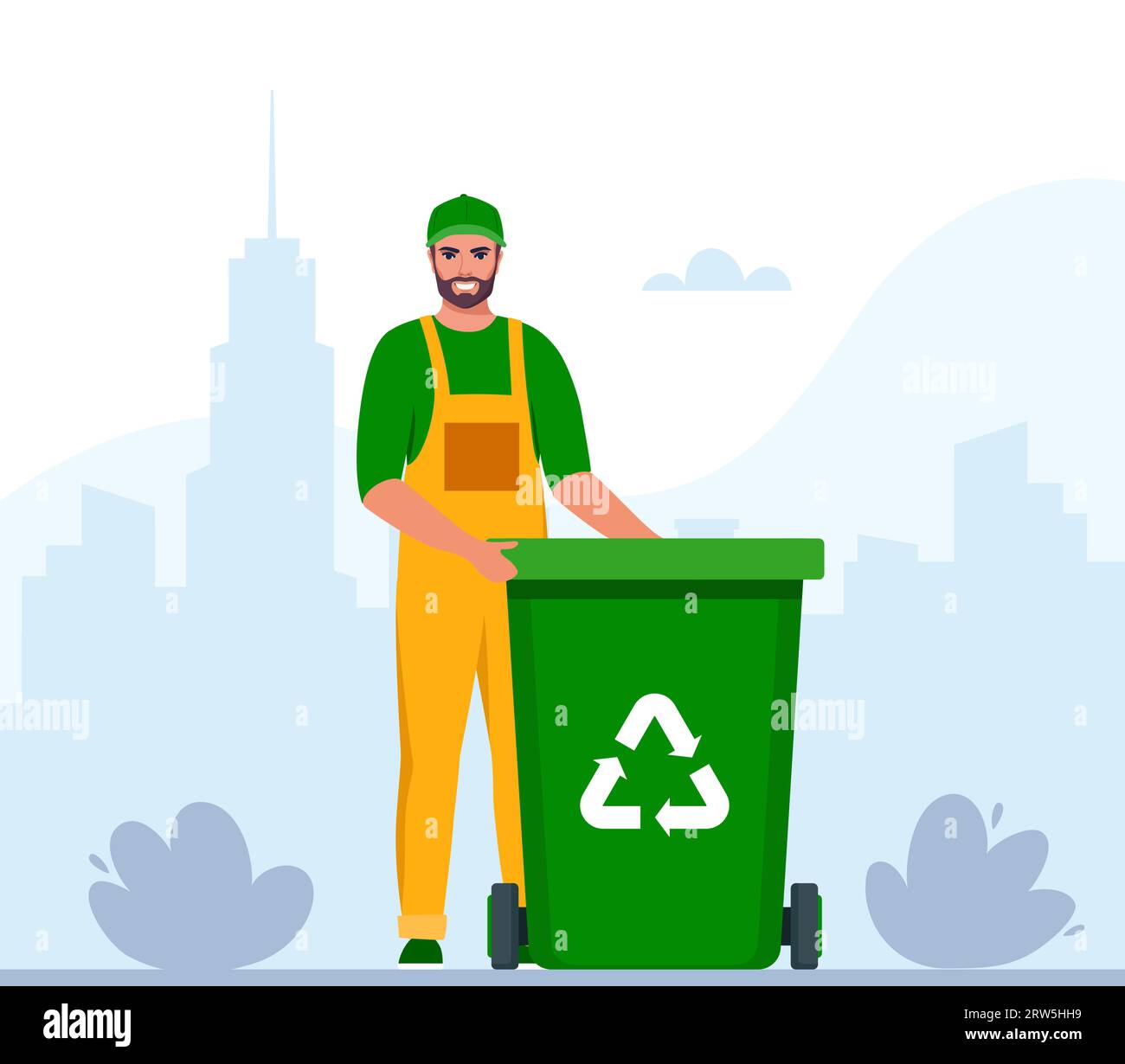 Garbage Man In Uniform With Green Trash Bin And Recycling Symbol On It Garbage Sorting Zero