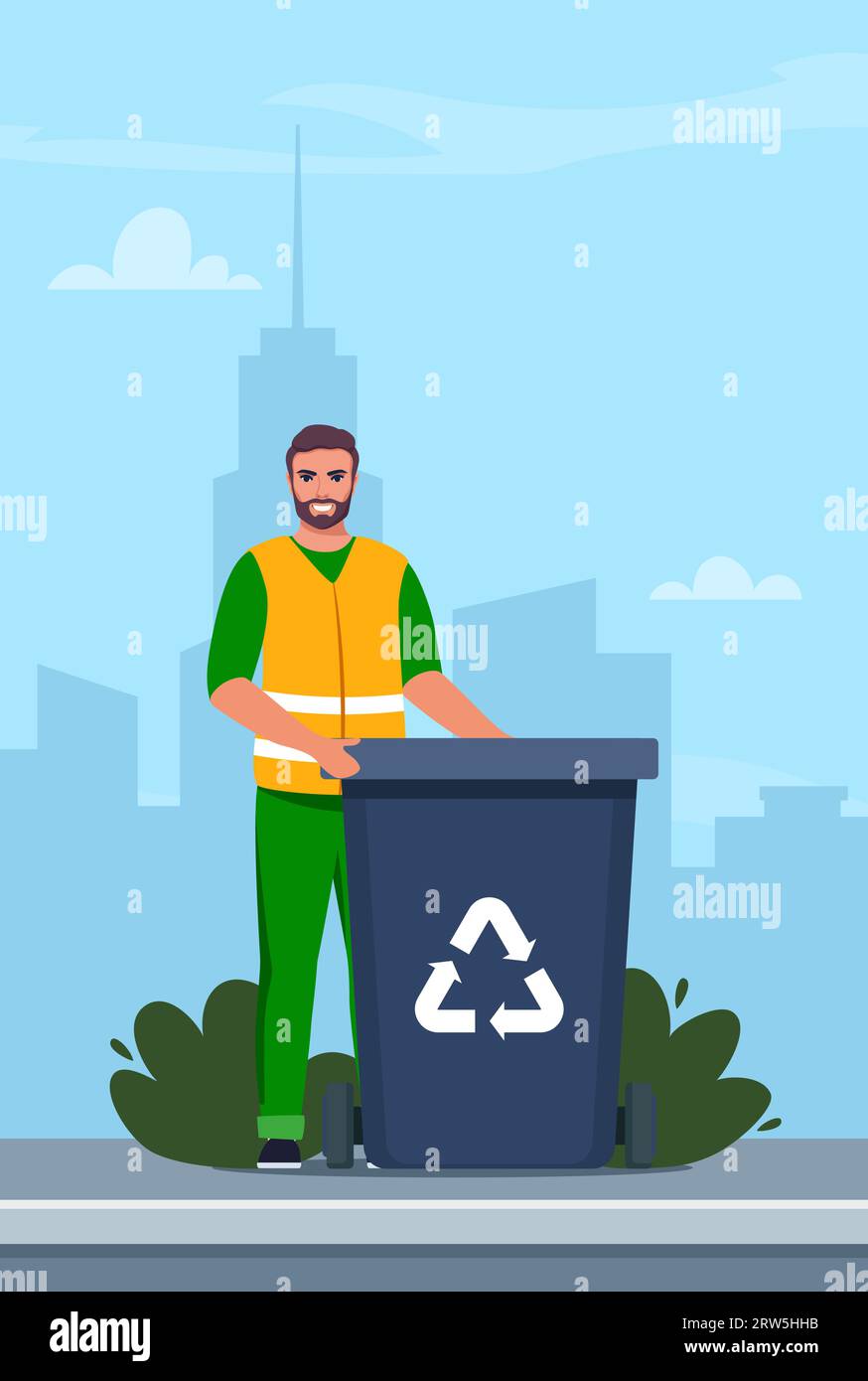 Garbage man in uniform with black trash bin and recycling symbol on it ...