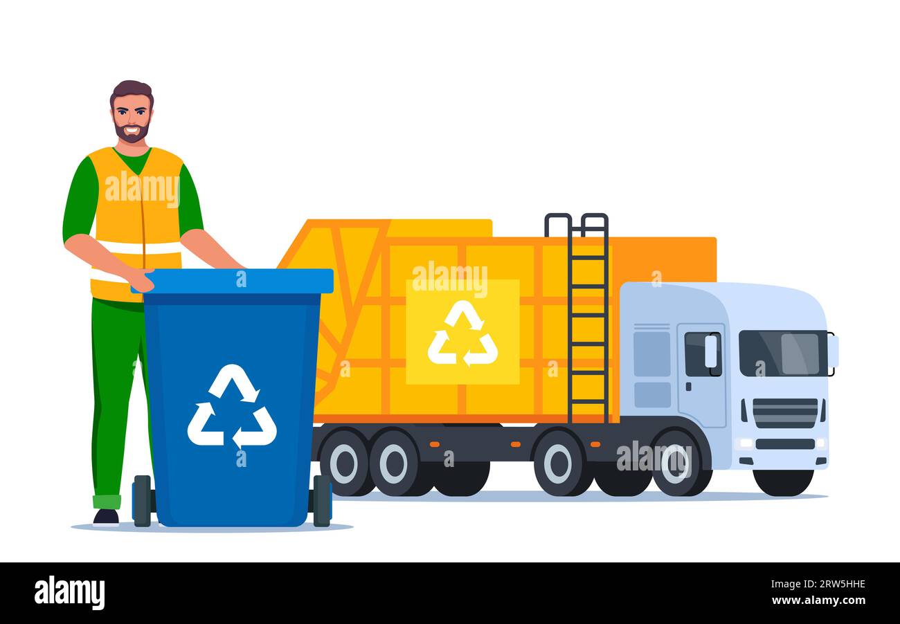 Garbage truck and sanitation worker. Garbage man in uniform with trash ...