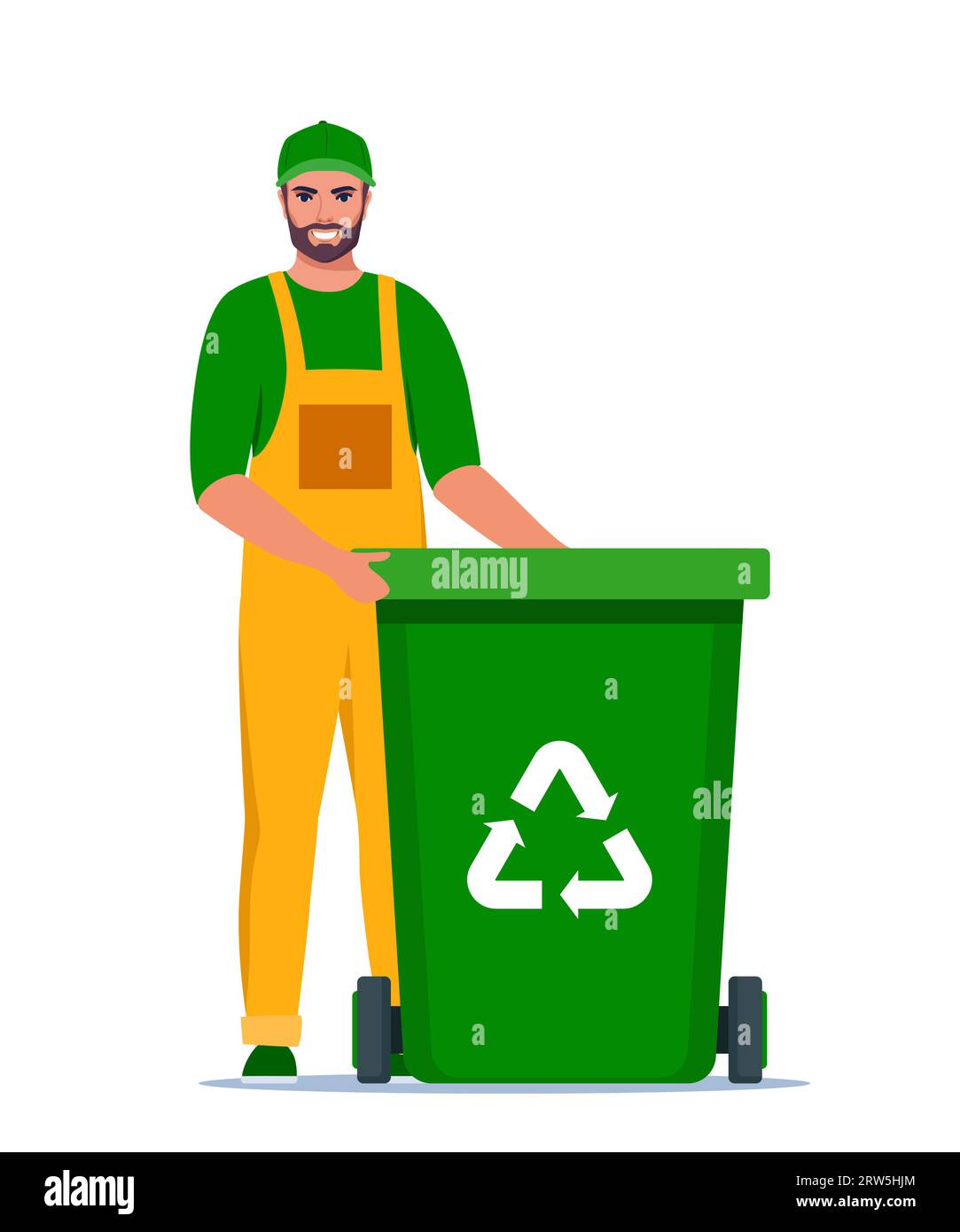 Garbage man in uniform with green trash bin and recycling symbol on it ...