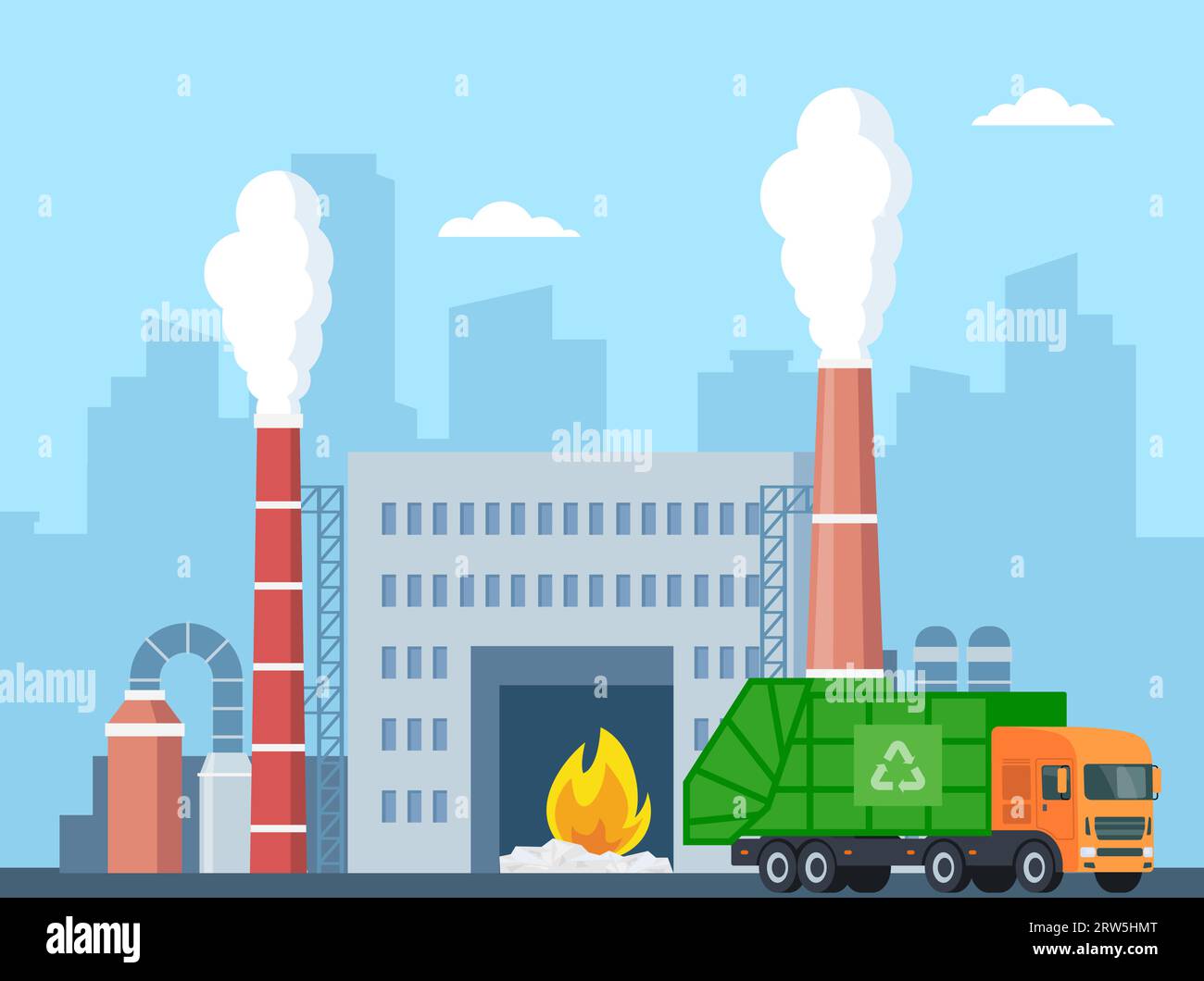 Incineration plant and garbage truck. Waste factory. Trash transportation and recycling. Rubbish ...