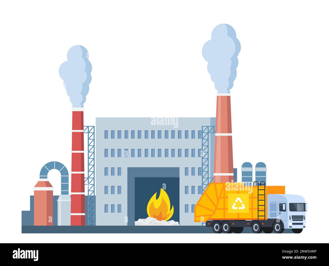 Incineration plant and garbage truck. Waste factory. Trash transportation and recycling. Rubbish ...