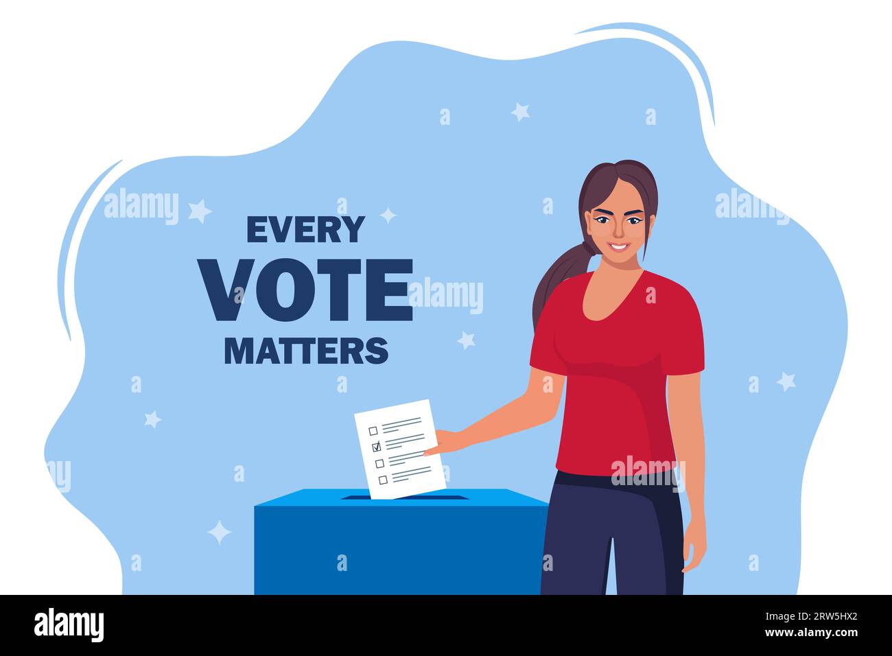 Smiling young woman putting vote paper into Election Box for General ...