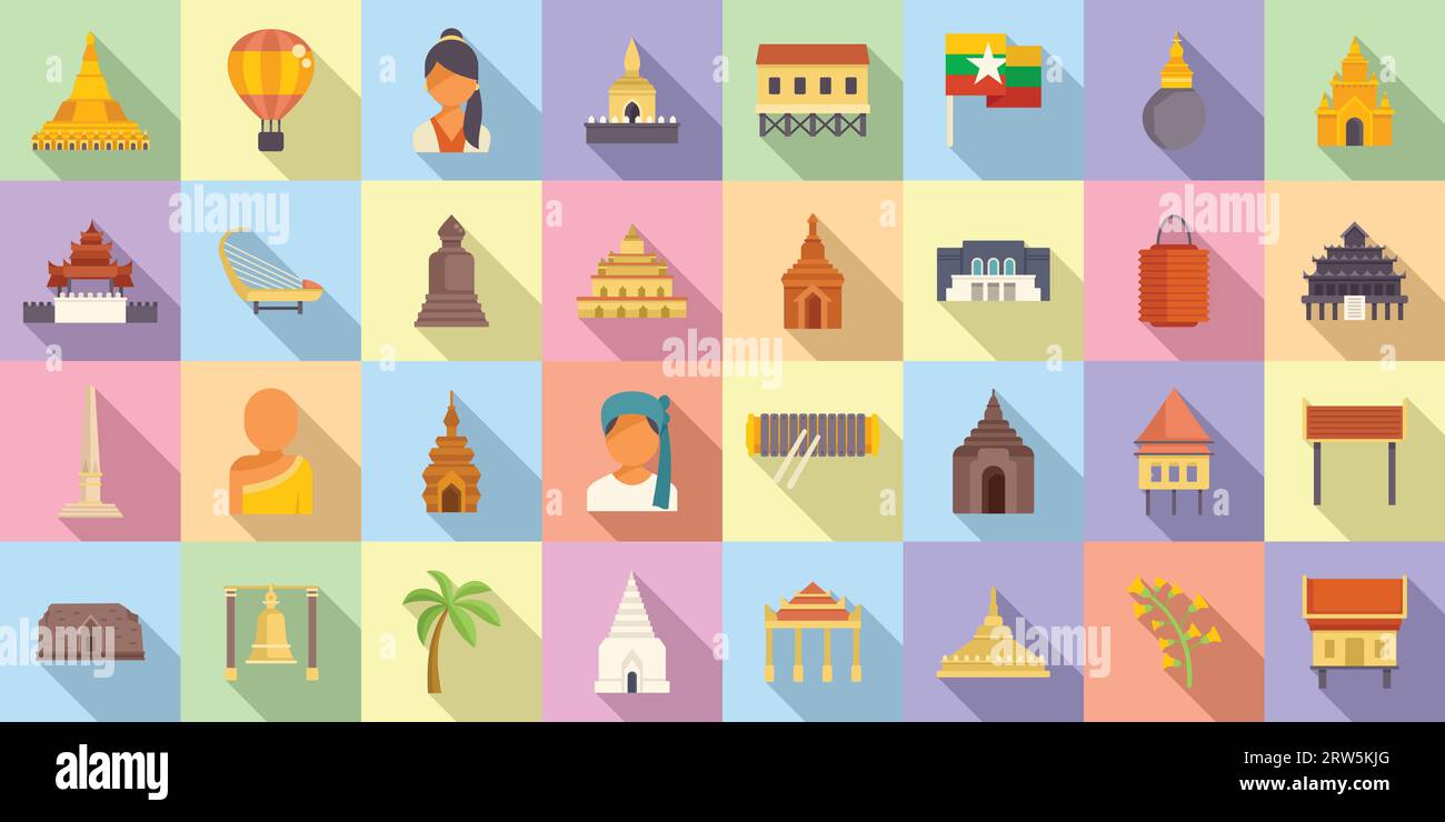 Myanmar icons set flat vector. Landmark map. Temple culture Stock ...
