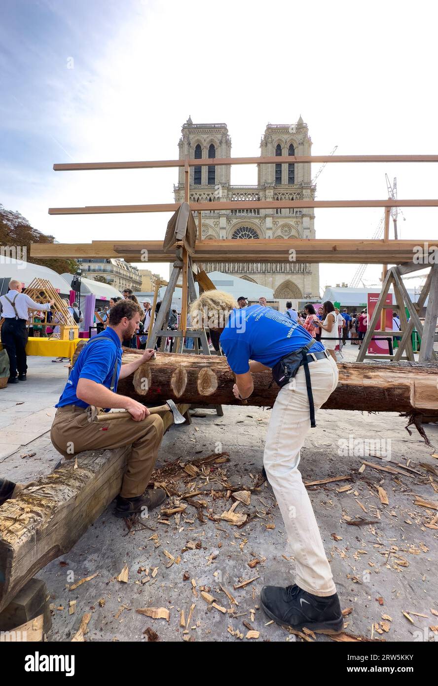 Two French artisan carpenters and woodworkers demonstrate using ...
