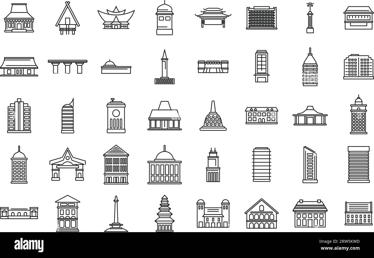Jakarta icons set outline vector. Landmark building. Asia culture Stock ...