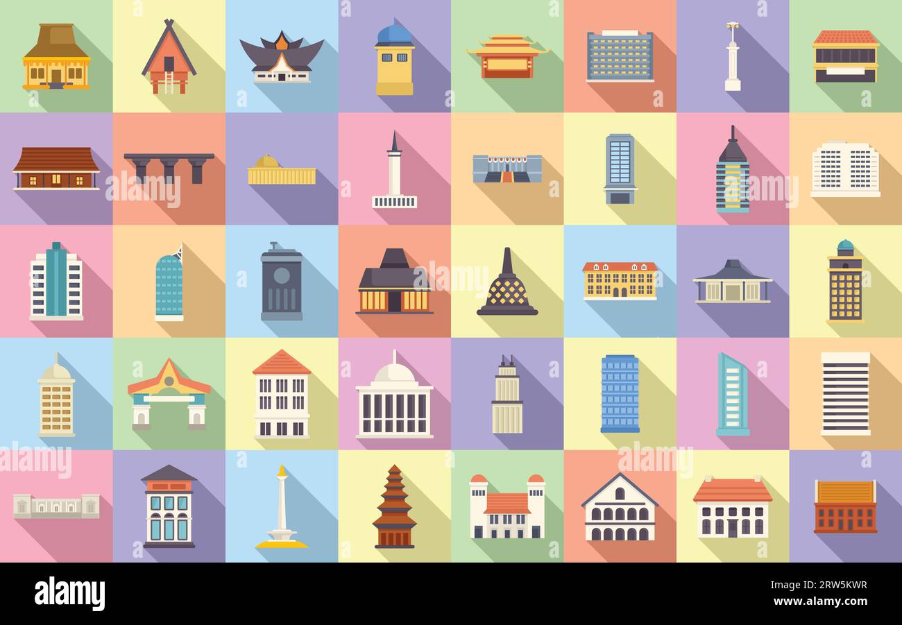 Jakarta icons set flat vector. Landmark building. Asia culture Stock ...
