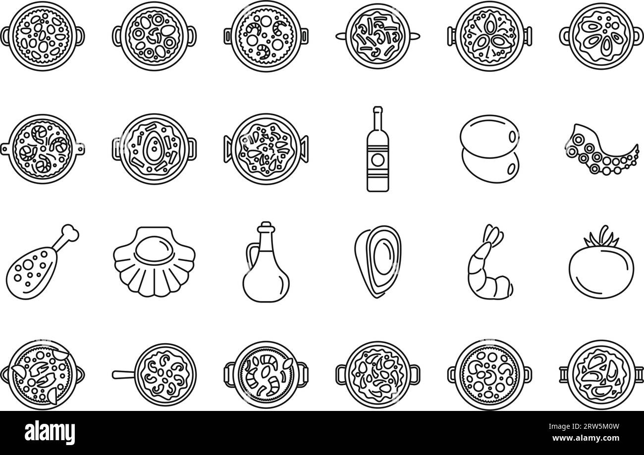 Paella icons set outline vector. Dish cook. Clam eat Stock Vector Image ...