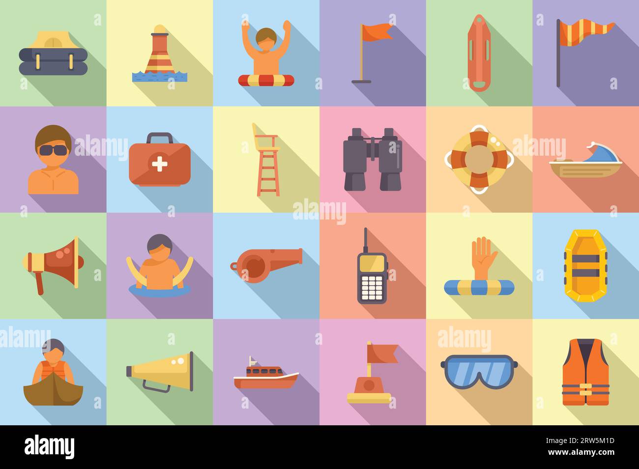 Water safety training icons set flat vector. Float help. Guard ...