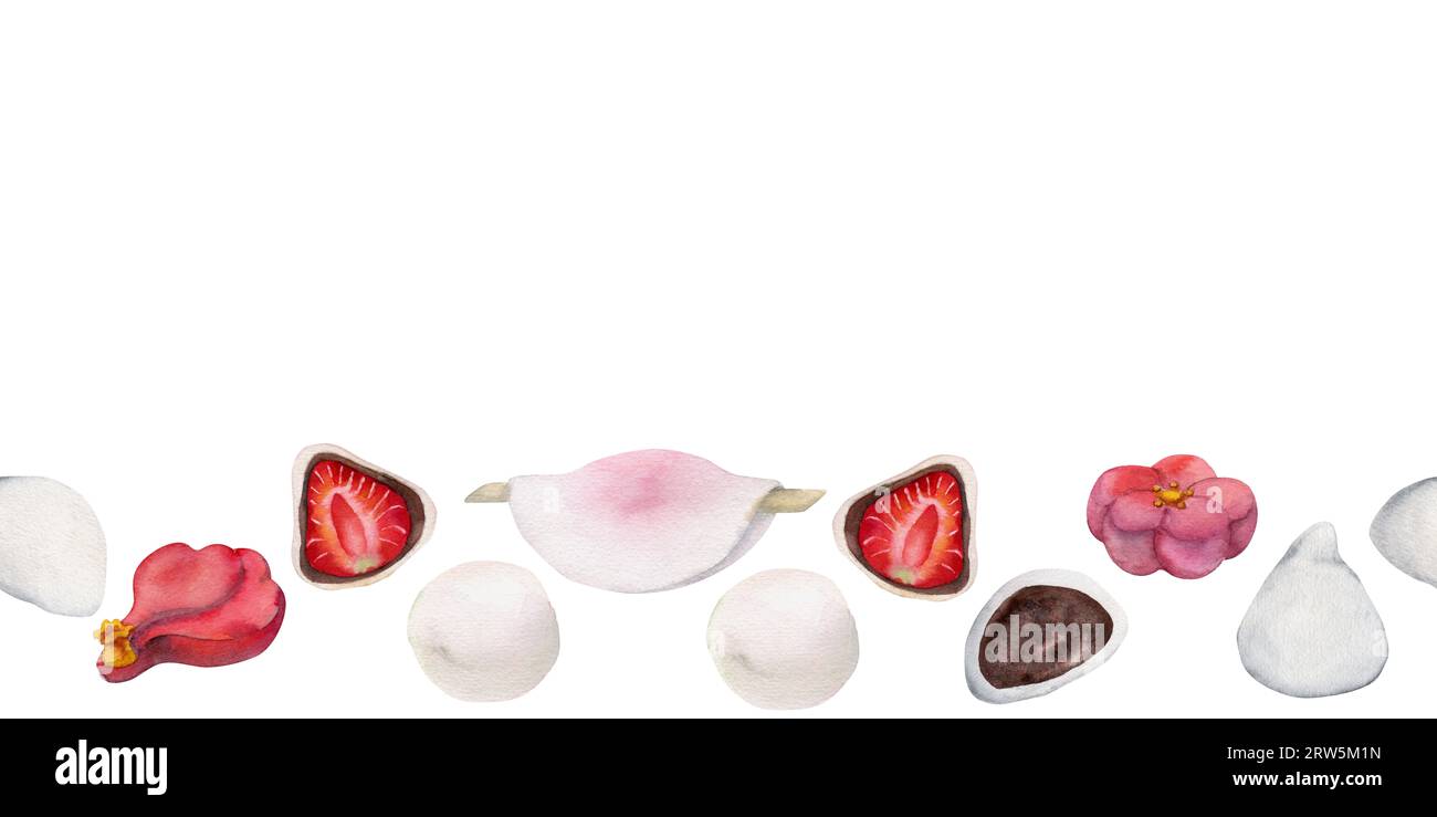 Watercolor hand drawn traditional Japanese sweets. Seamless banner with ...