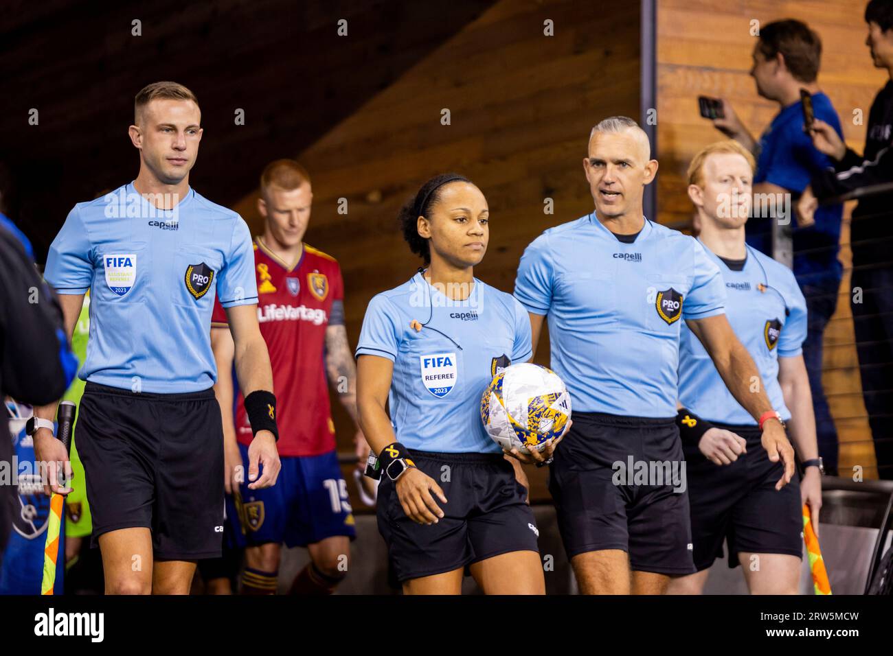 SAN JOSE, CA - SEPTEMBER 16: Referee Natalie Simon leads her team onto ...