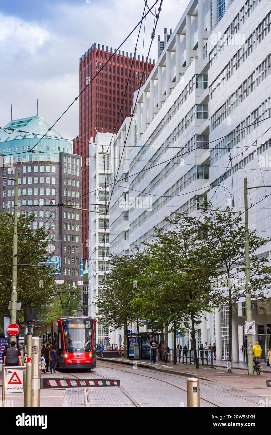 Tram and modern buildings in the central street of Den Haag ...