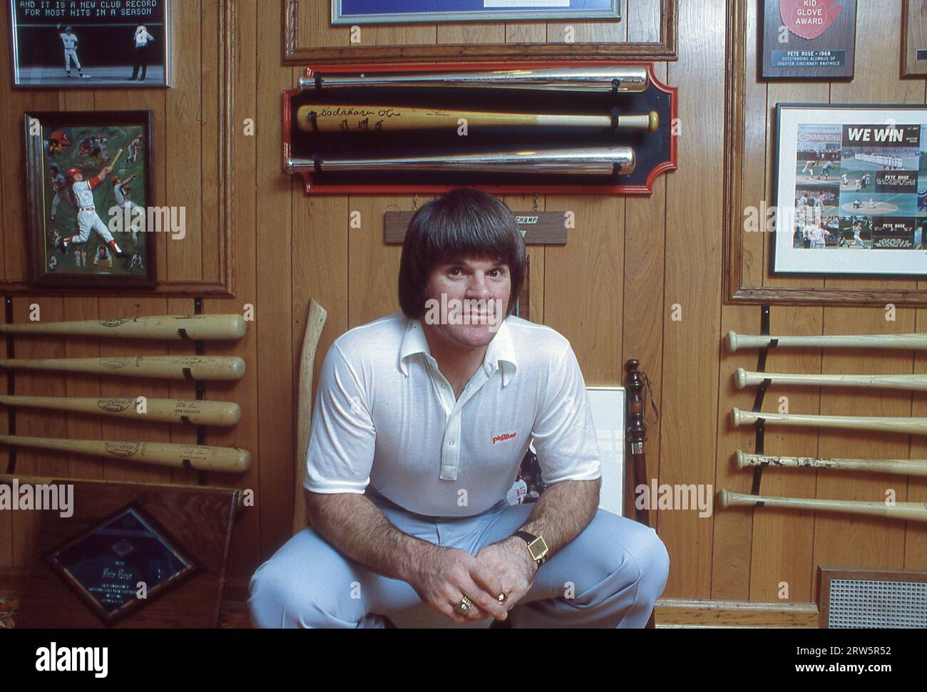 A 1979 posed portrait of Pete Rose at home in his trophy room in ...