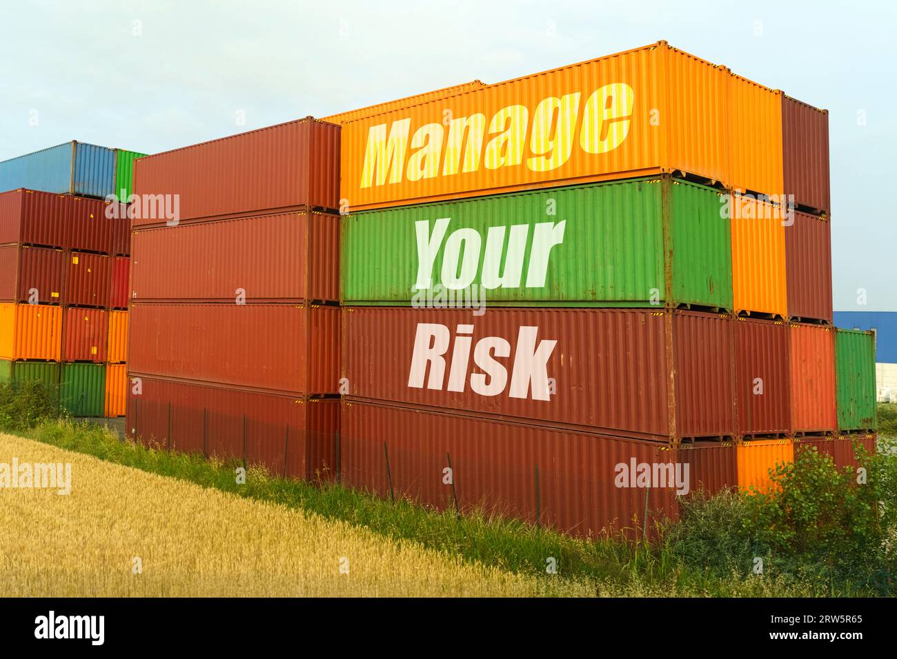 Business concept. On colored containers for the carriage of goods, the ...