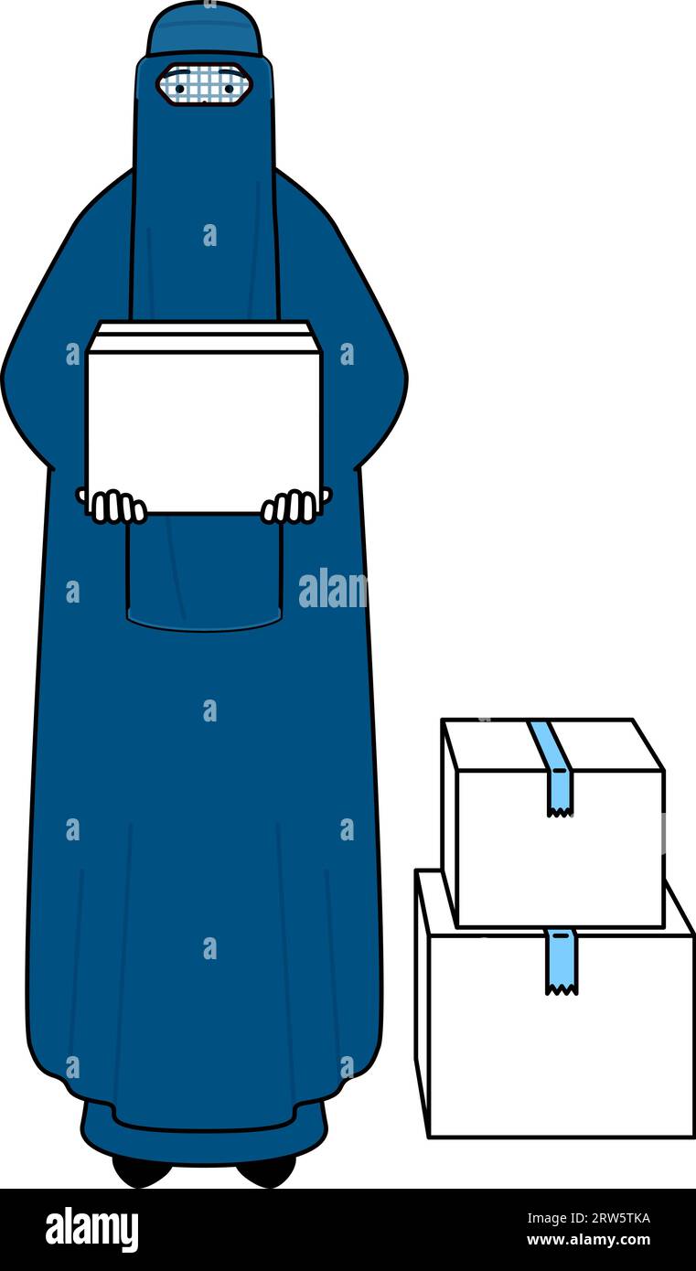 Muslim woman in burqa working to carry cardboard boxes, Vector ...
