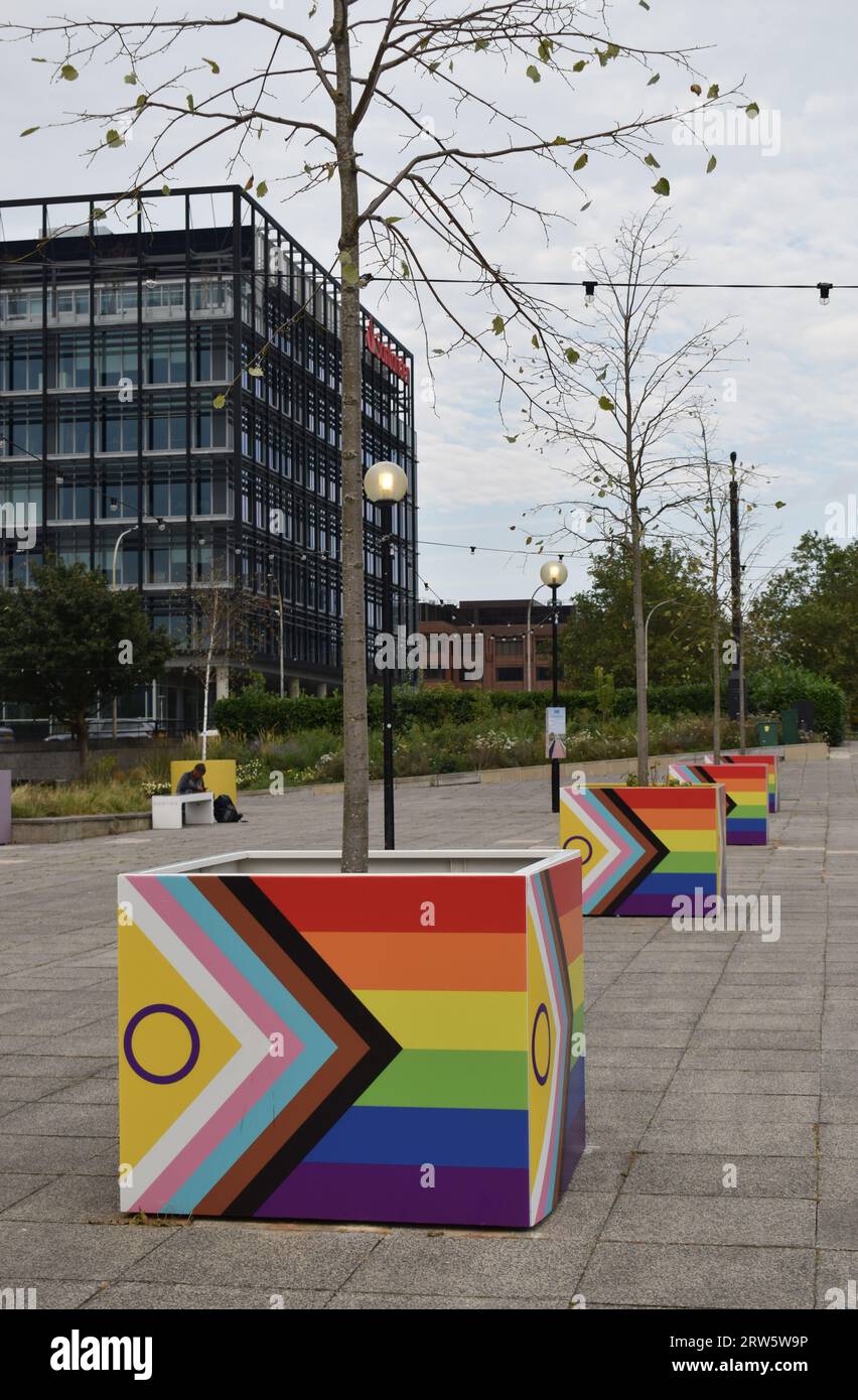 Colourful planters at Milton Keynes station Stock Photo - Alamy