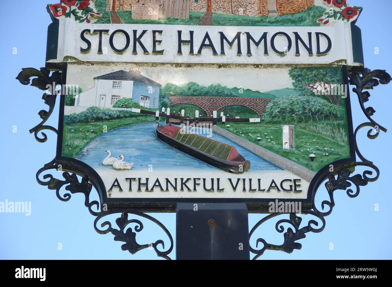 Village sign, Stoke Hammond, Buckinghamshire.The term “Thankful ...