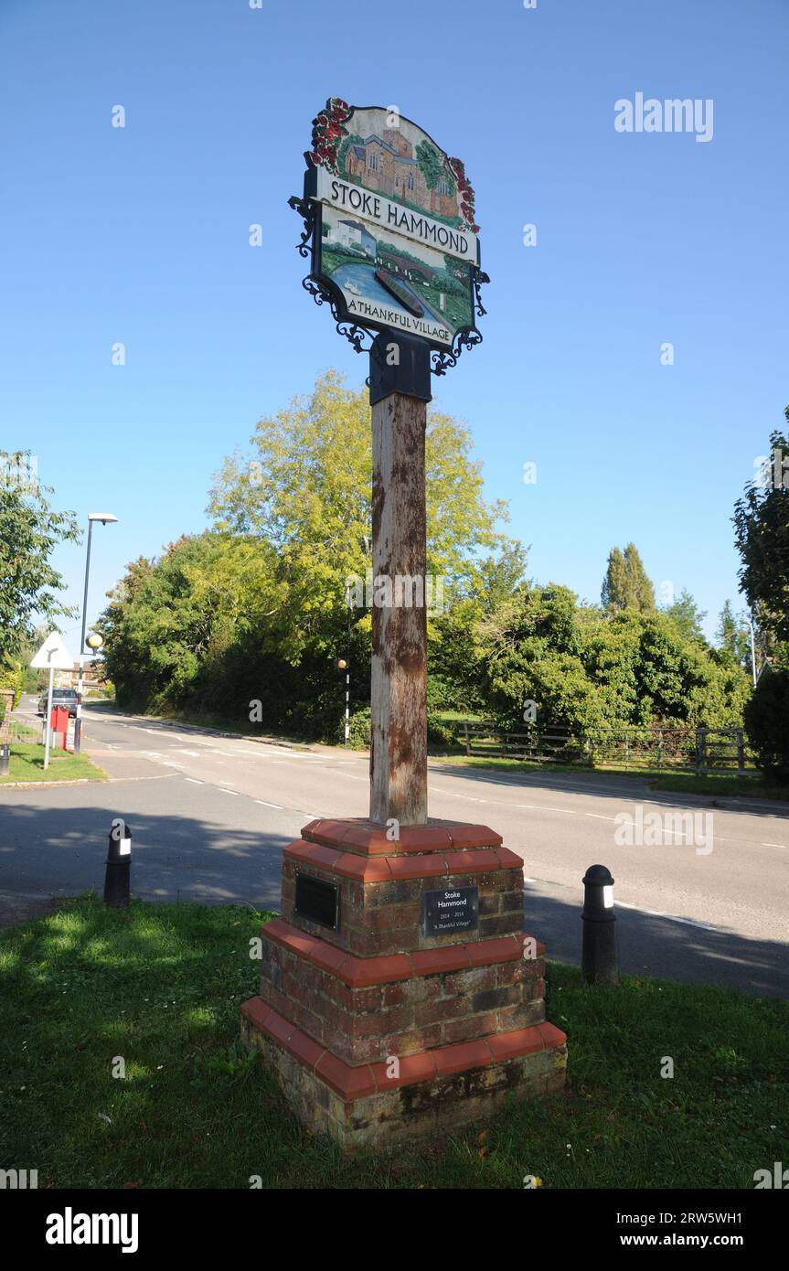 Village sign, Stoke Hammond, Buckinghamshire.The term “Thankful ...