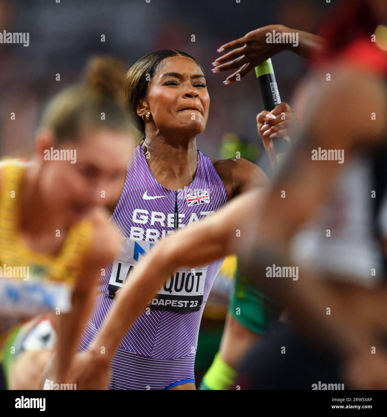 Imani Lansiquot of GB & NI competing in the women’s 4x100m heats on day ...