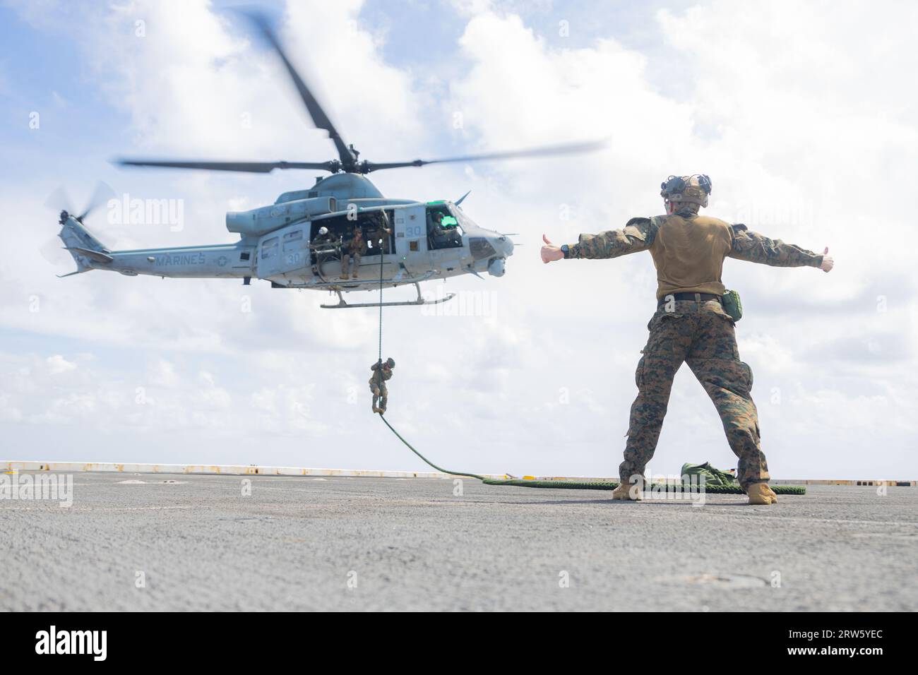 A U.S. Marine Corps UH-1Y Venom helicopter aboard the USS Green Bay ...