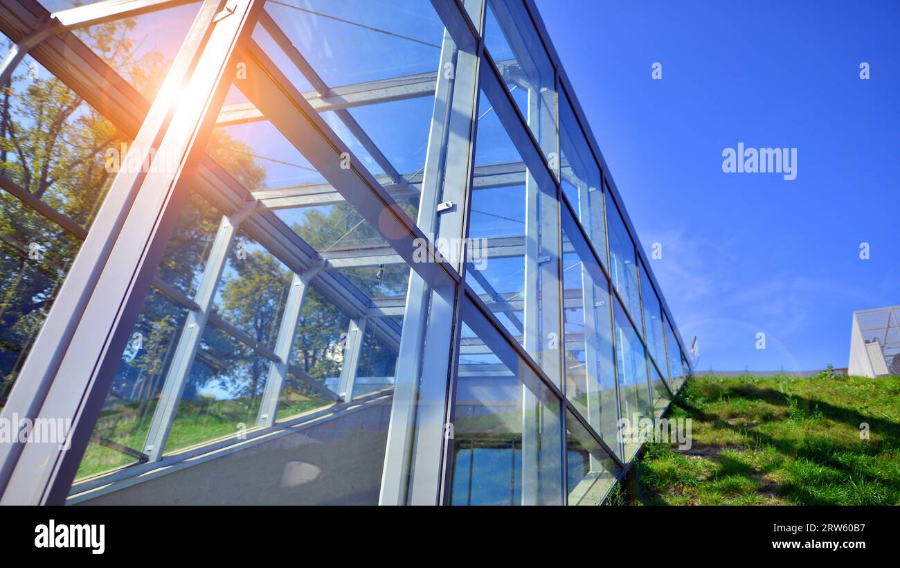Modern building glass roof metal frame construction. Metal structure ...