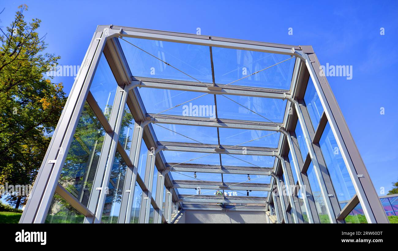 Modern building glass roof metal frame construction. Metal structure ...