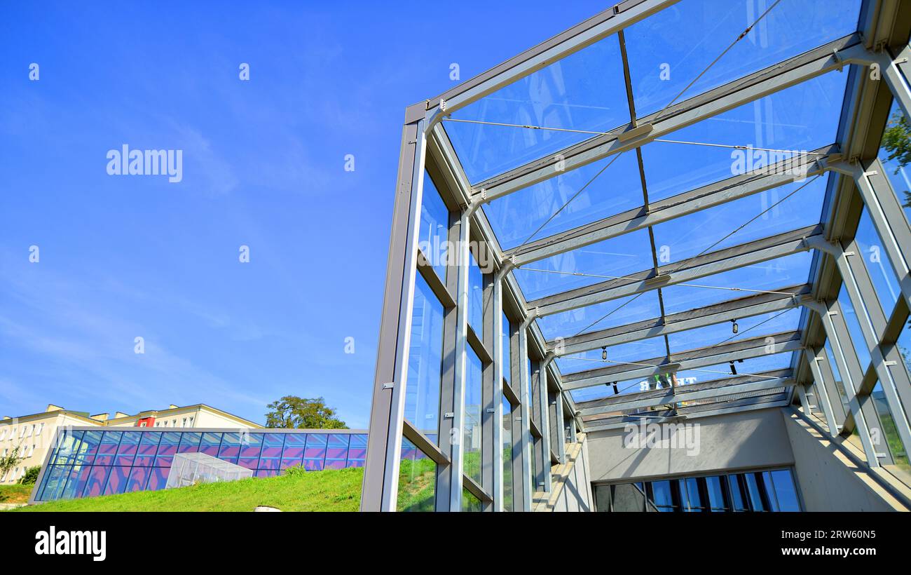 Modern building glass roof metal frame construction. Metal structure ...