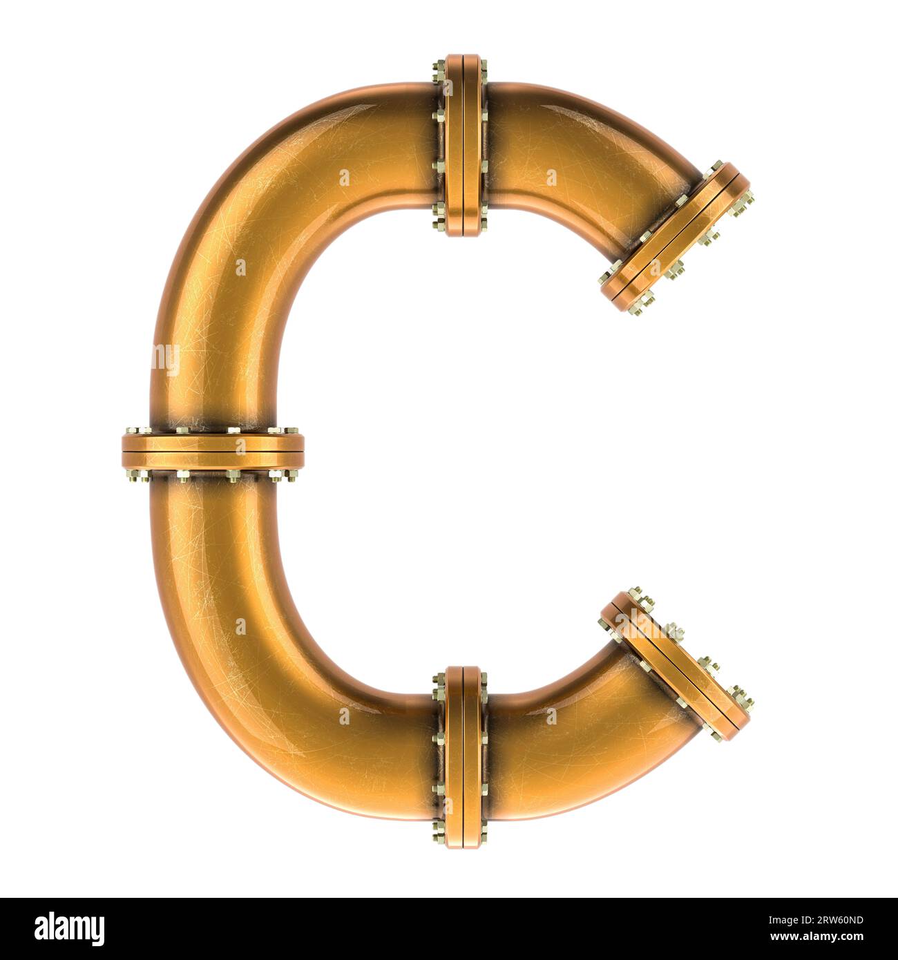 Letter C from copper, bronze or brass pipes, 3D rendering isolated on ...