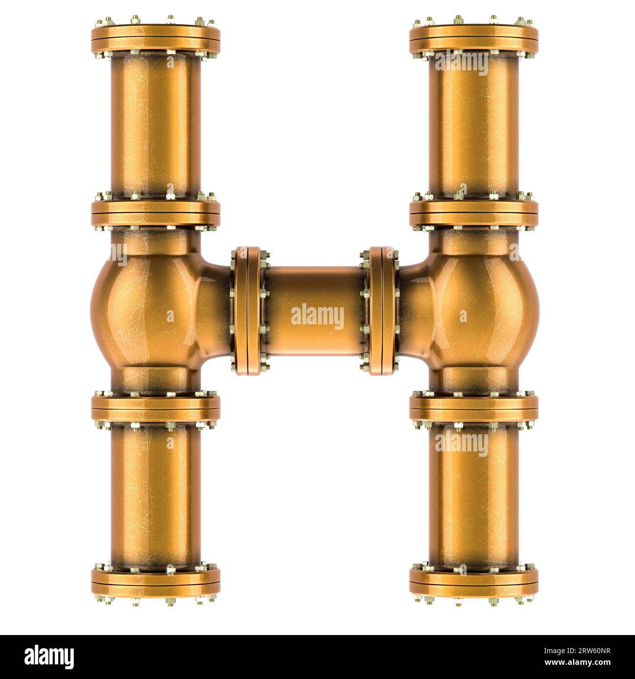 Letter H from copper, bronze or brass pipes, 3D rendering isolated on ...