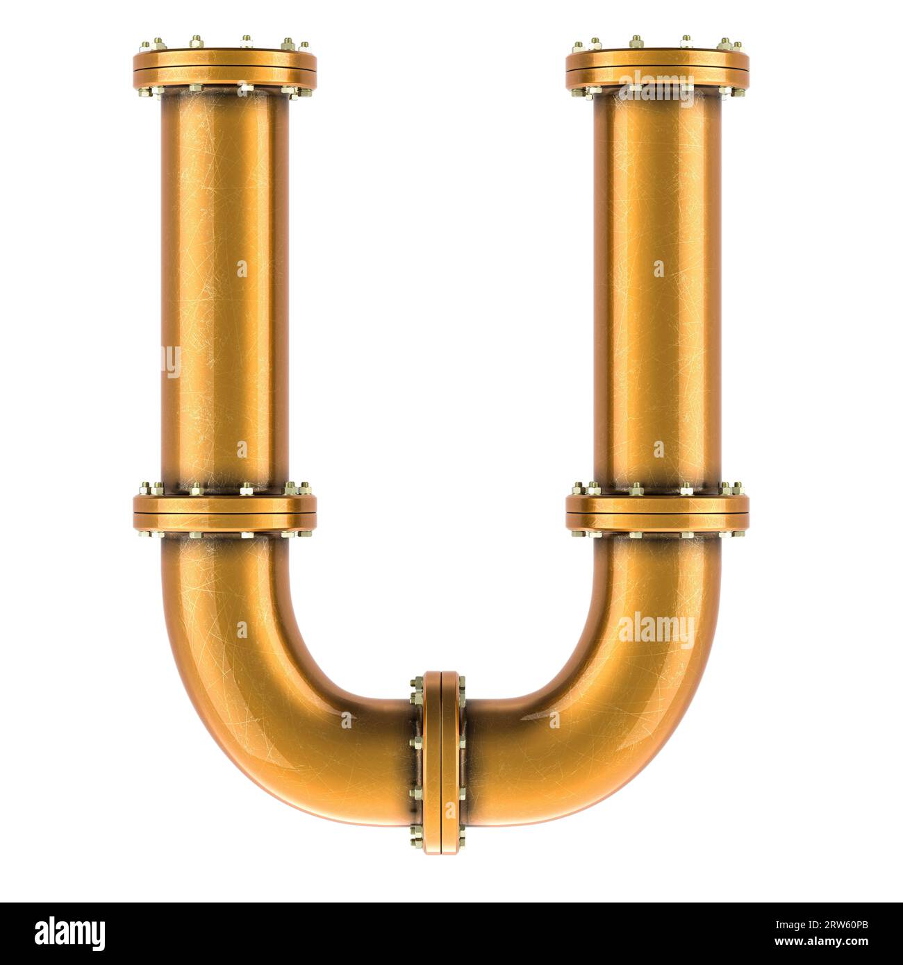 Letter U from copper, bronze or brass pipes, 3D rendering isolated on ...