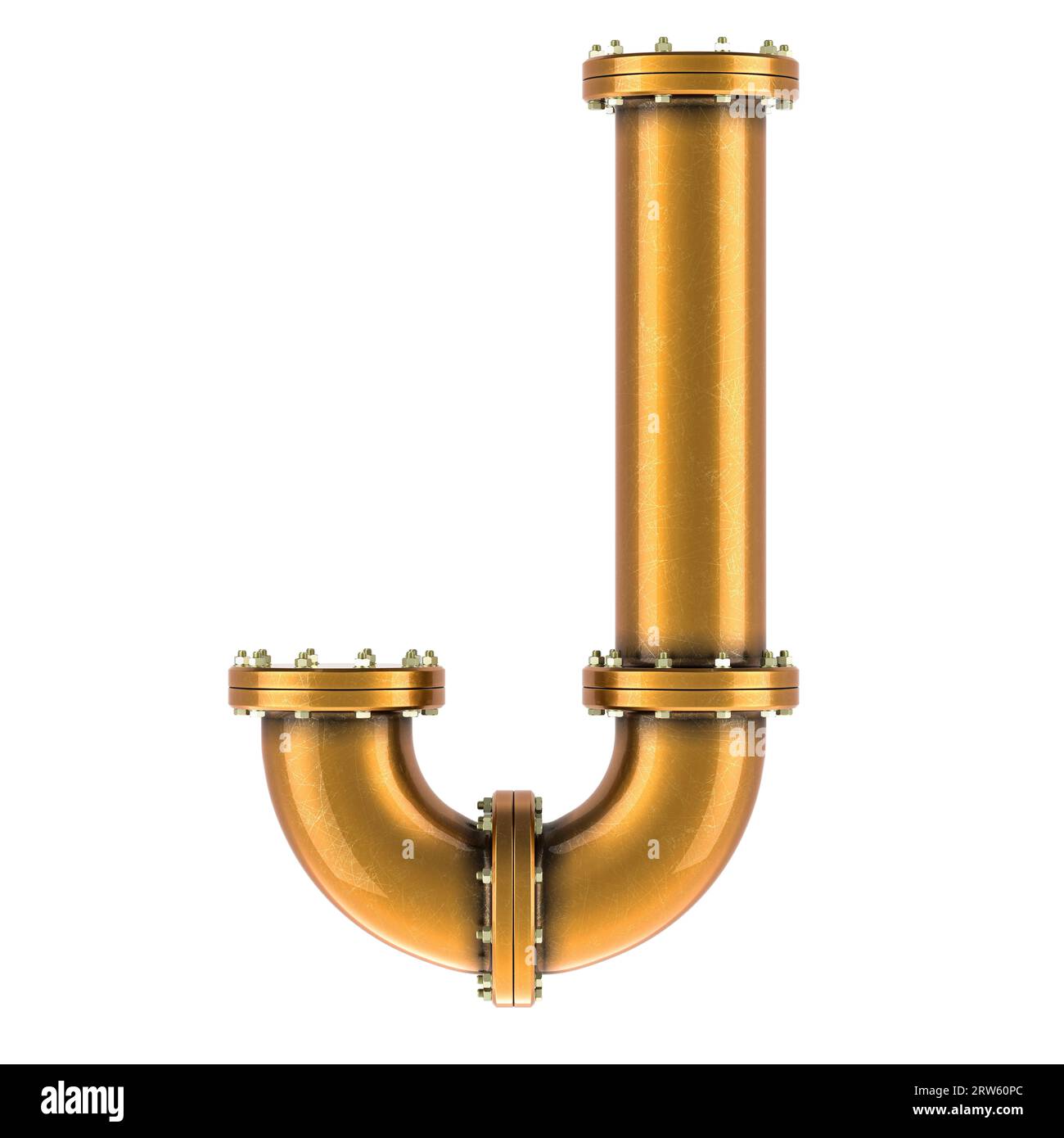Letter J from copper, bronze or brass pipes, 3D rendering isolated on ...