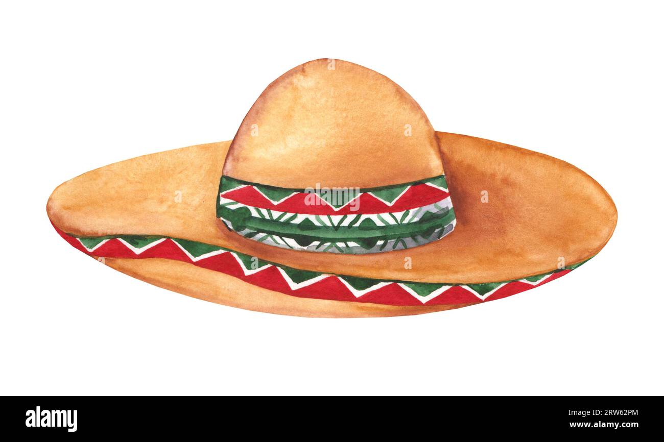 Watercolor illustration of a sombrero. Traditional Mexican costume ...