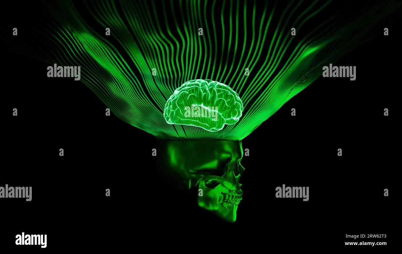 3D animation of glowing brain. Design. Stylish glowing skull with brain ...