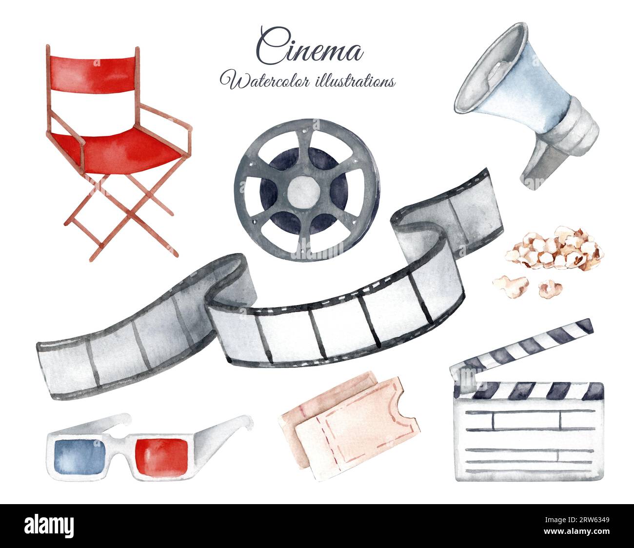 Cinema. Set of watercolor illustrations isolated on white background ...