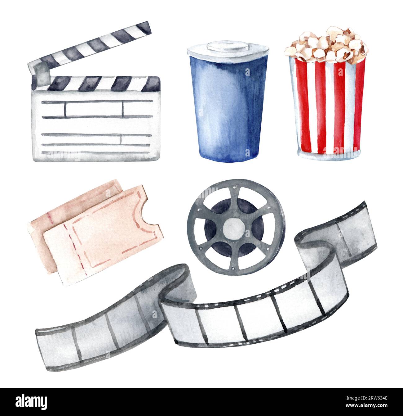 Cinema. Set of watercolor illustrations isolated on white background ...