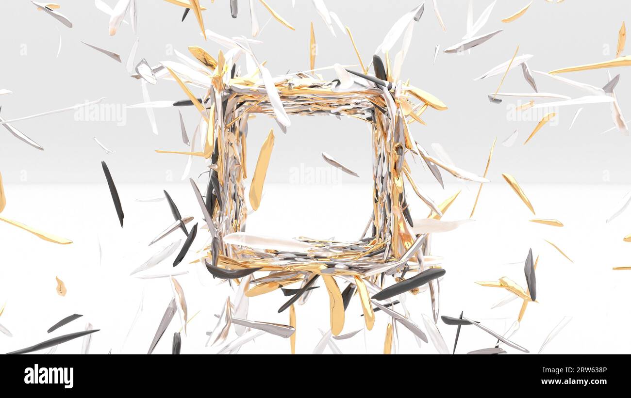 Abstract image of a square frame made of gold and silver shards 3d ...
