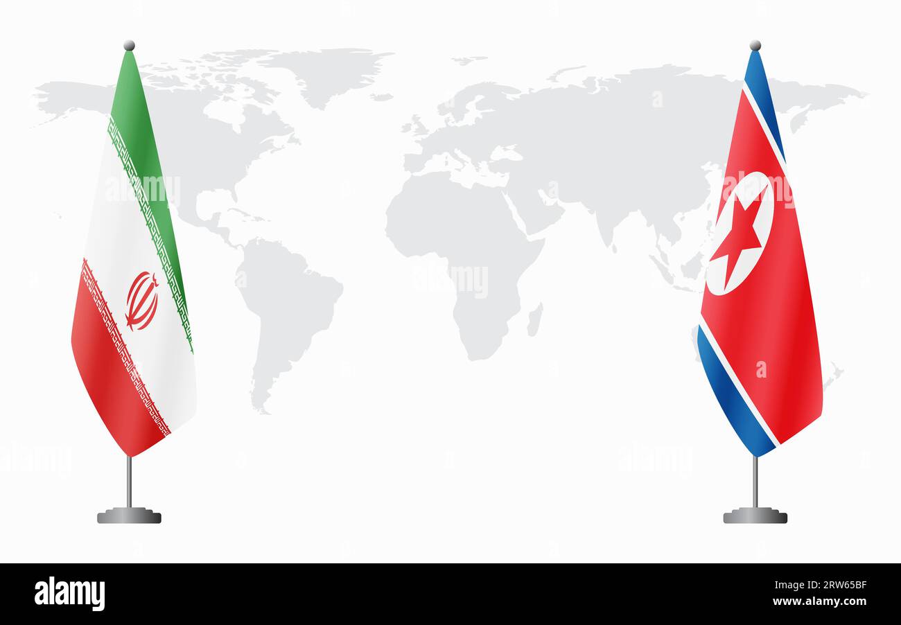 Iran and North Korea flags for official meeting against background of ...