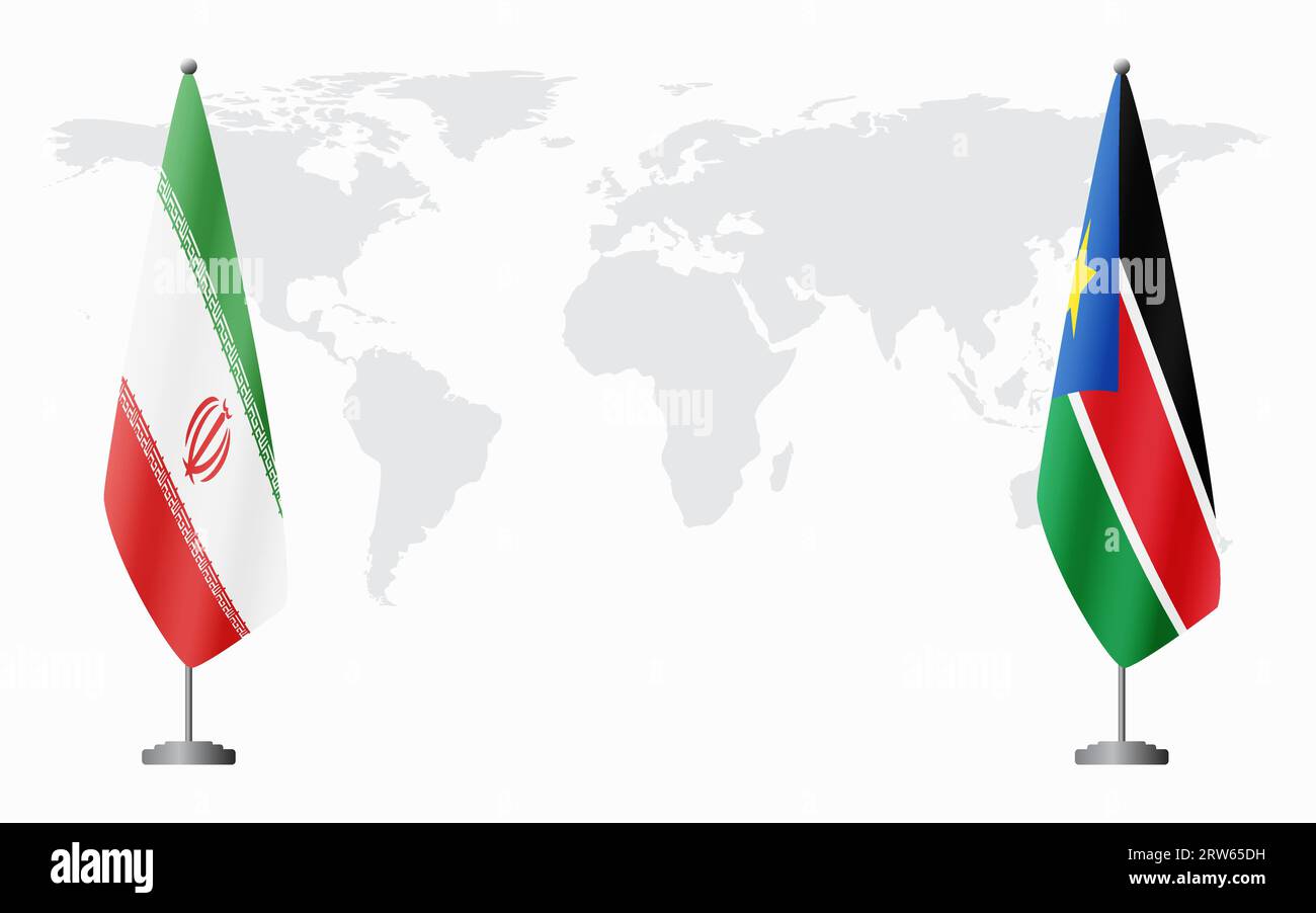 Iran and South Sudan flags for official meeting against background of ...