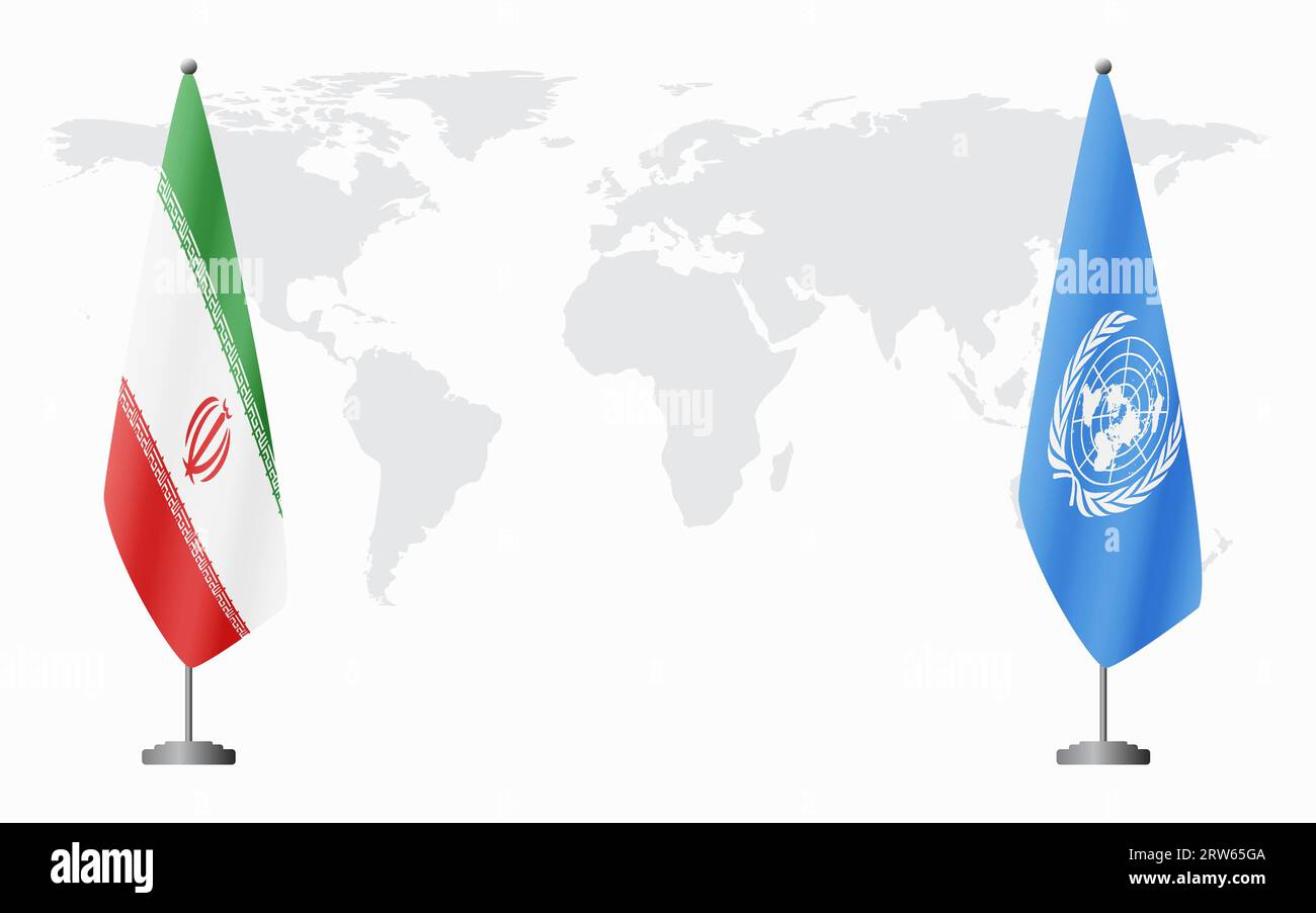 Iran and United Nations flags for official meeting against background ...