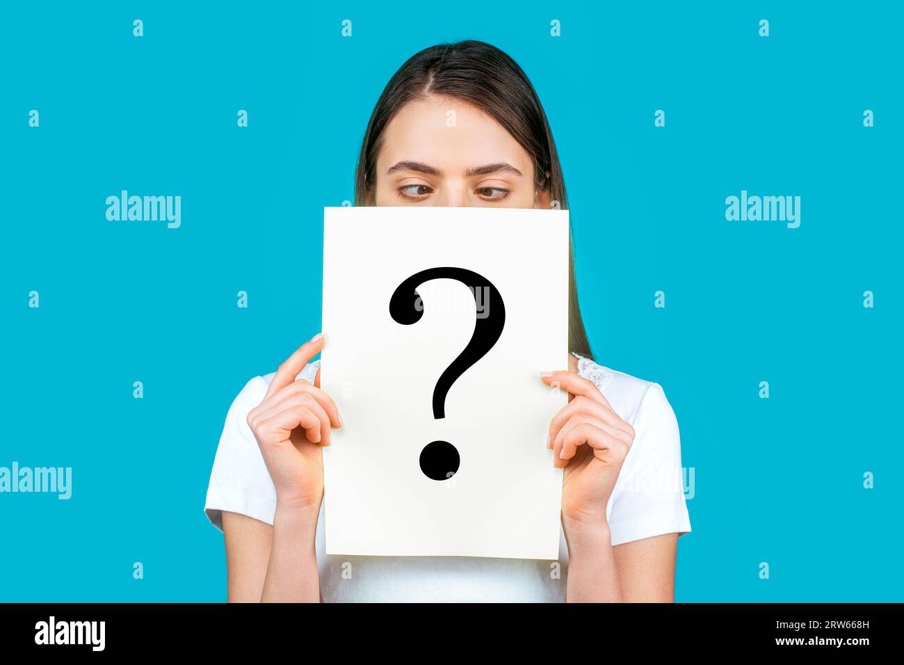 Unknown woman holding question mark. Girl holding paper question mark ...