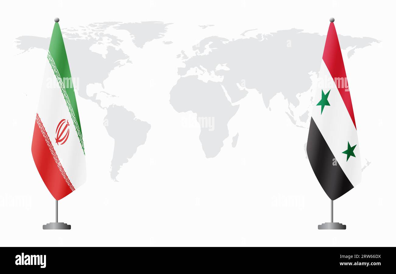 Iran and Syria flags for official meeting against background of world ...