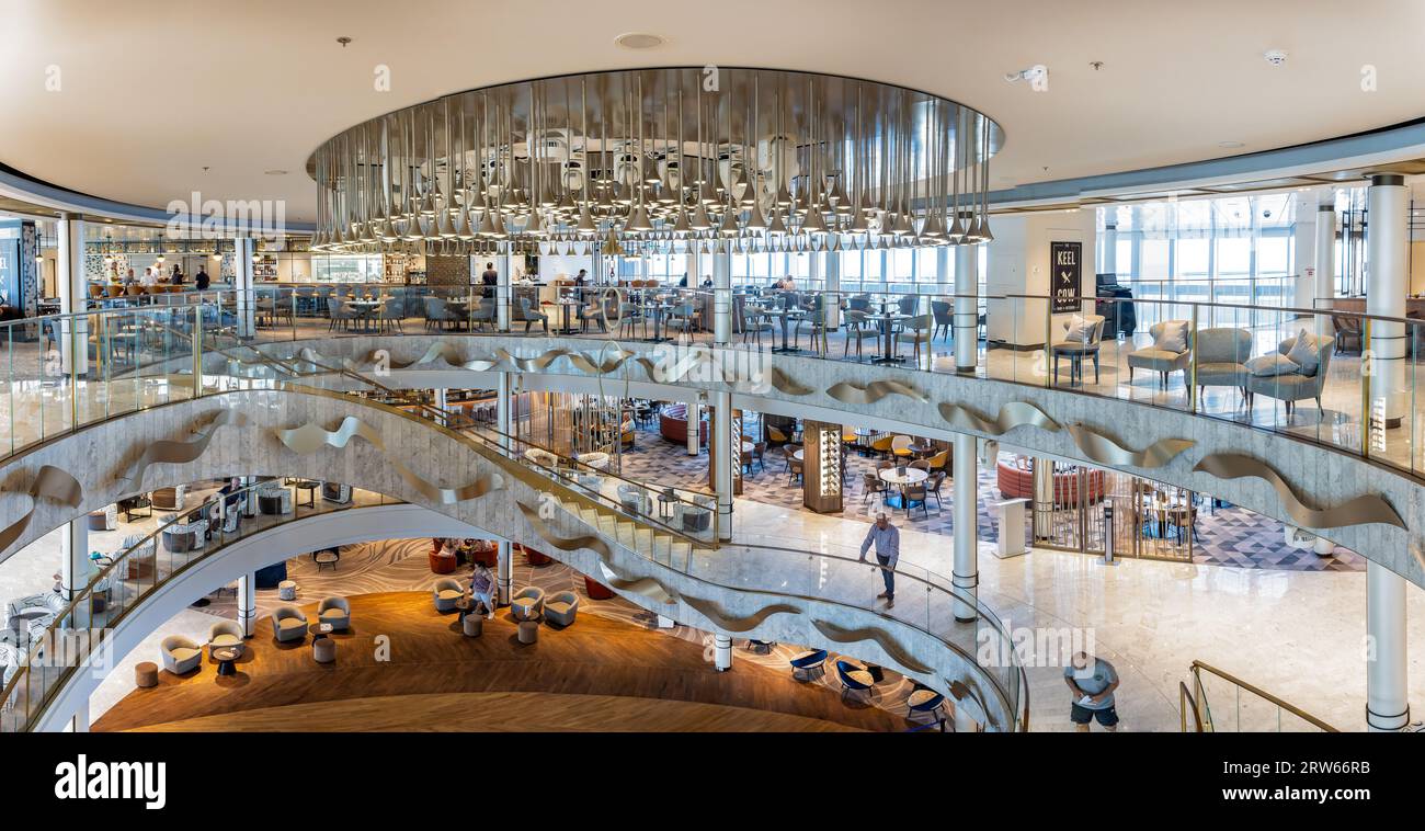 Panoramic view of P&O Arvia's Grand Atrium at sea in the Bay of Biscay ...