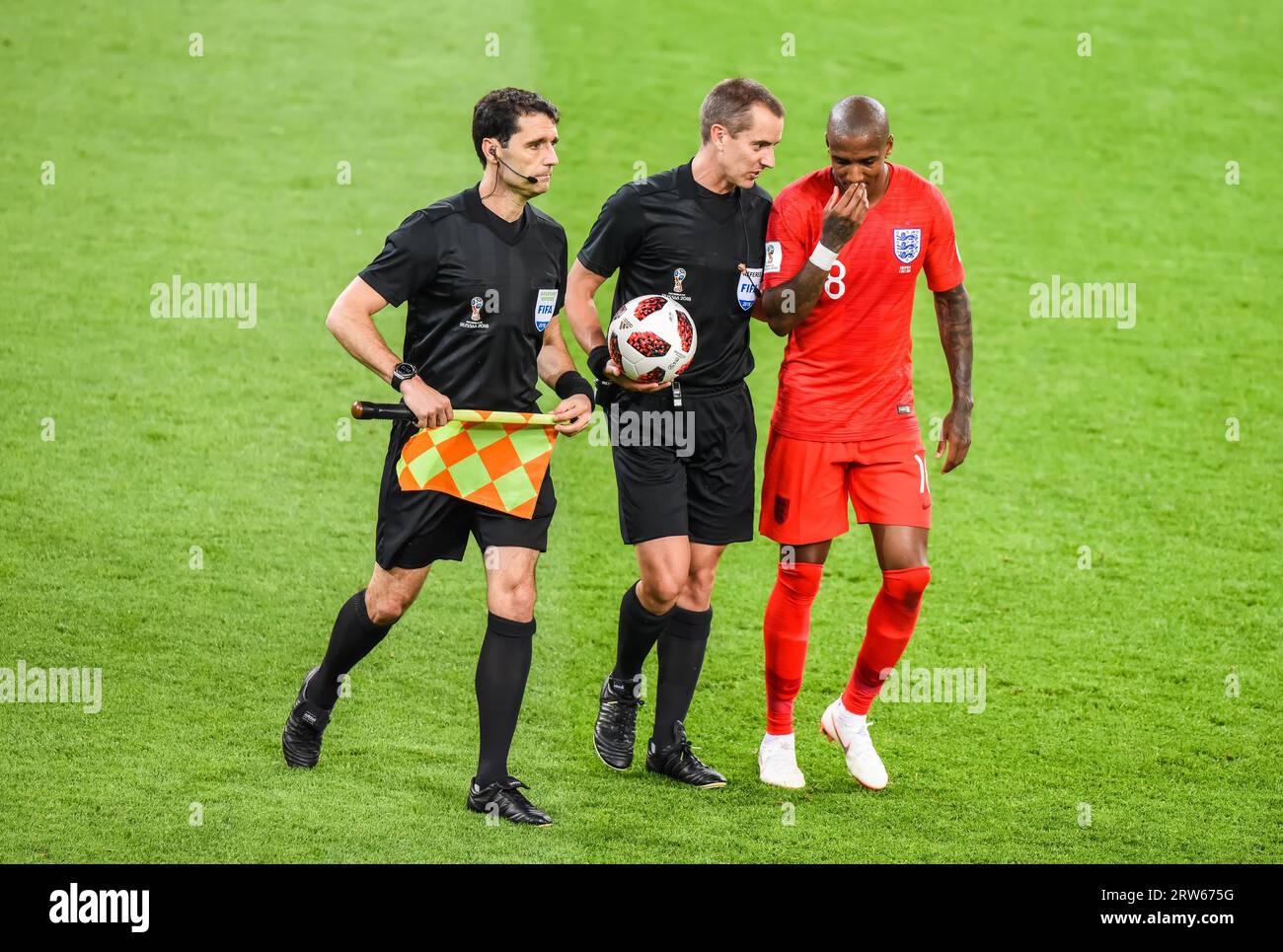 Moscow, Russia – July 3, 2018. Referee Mark Geiger (USA) and linesman ...