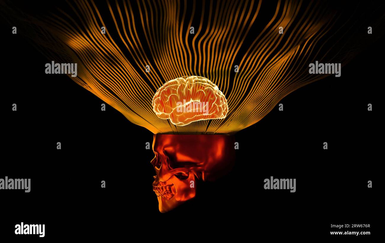 3D animation with skull and glowing brain. Design. Stylish modern ...
