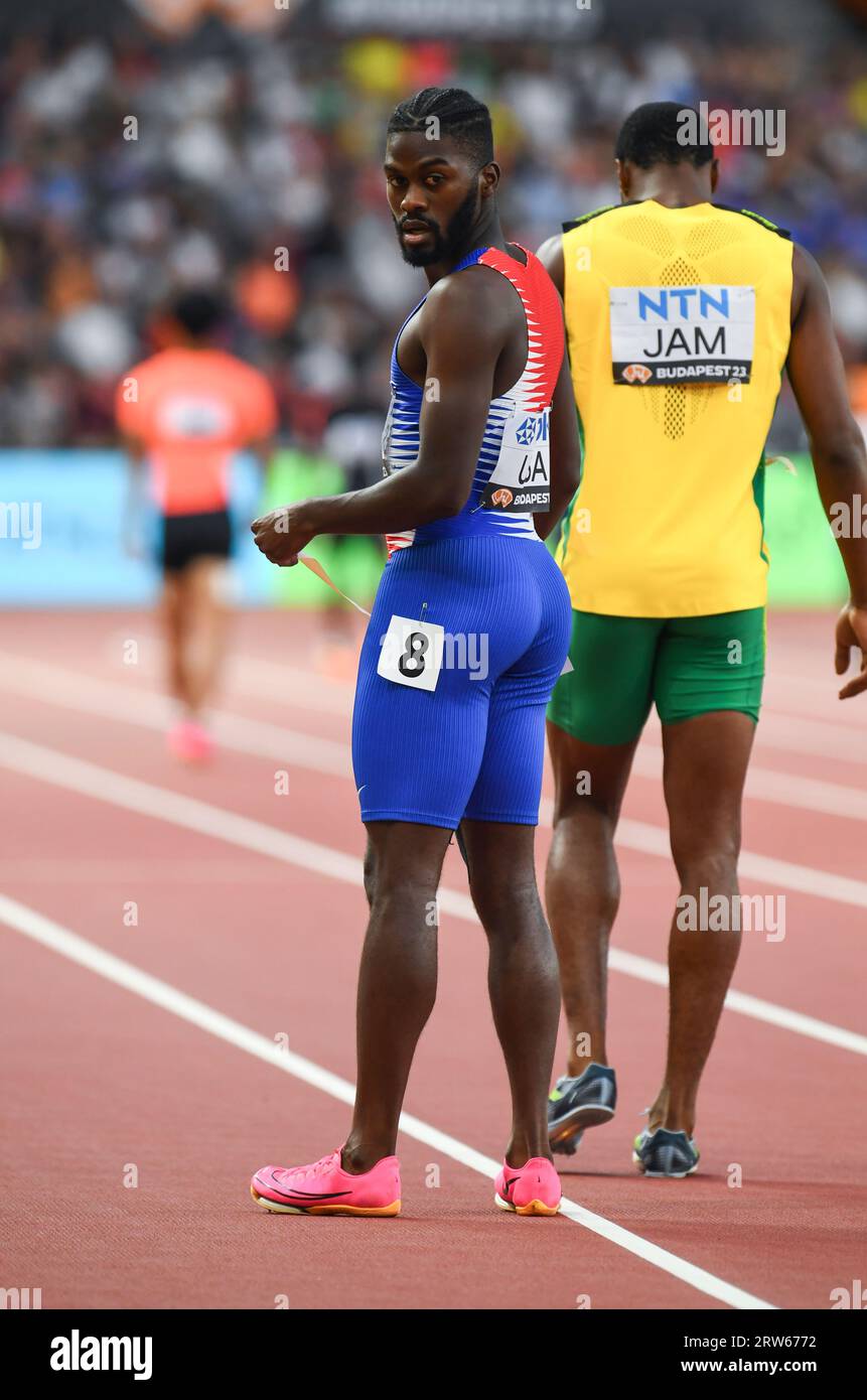 Brandon Carnes of the USA competing in the men’s 4x100m heat 1 on day ...
