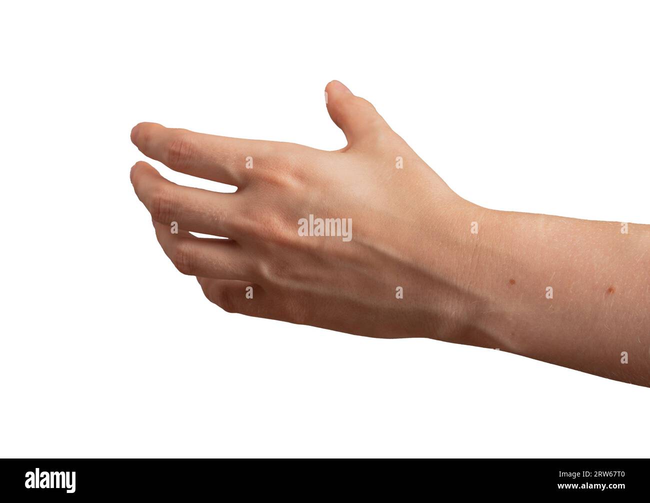 Hand holding something, grabbing product with dorsal side, isolated on ...