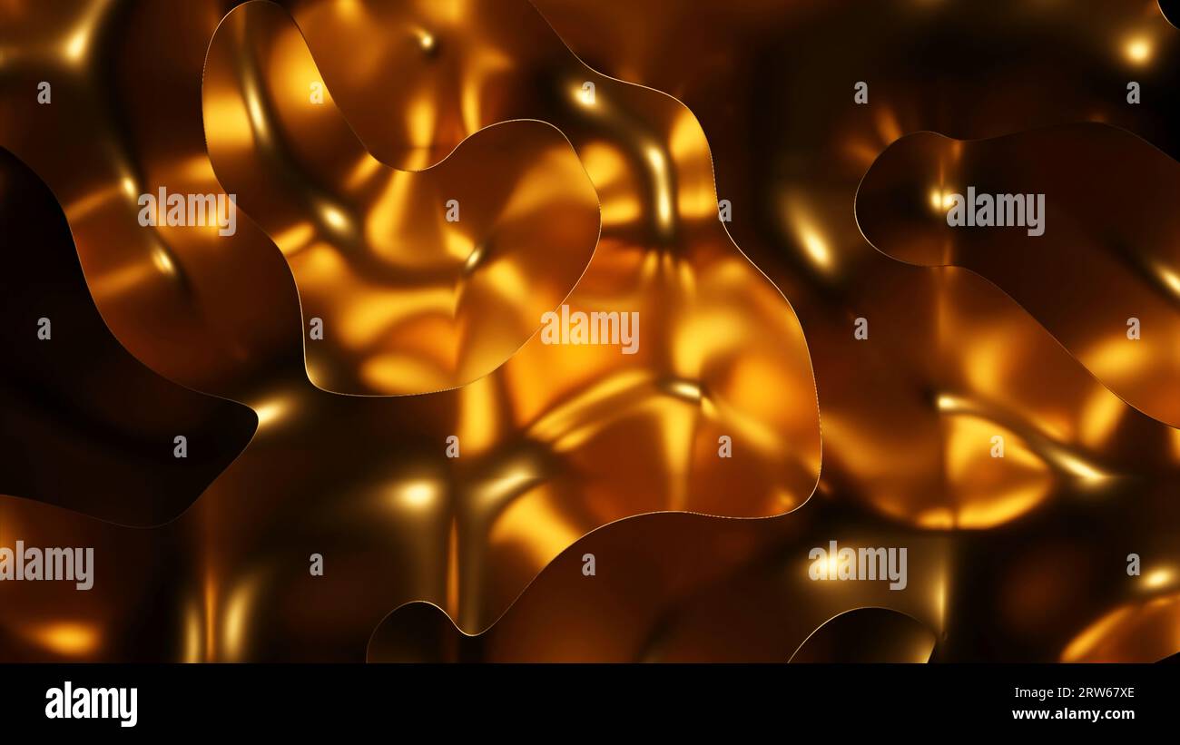 Abstract golden liquid is moving. Design. Gold metal moves in fluid curves. Molten metal moves ...