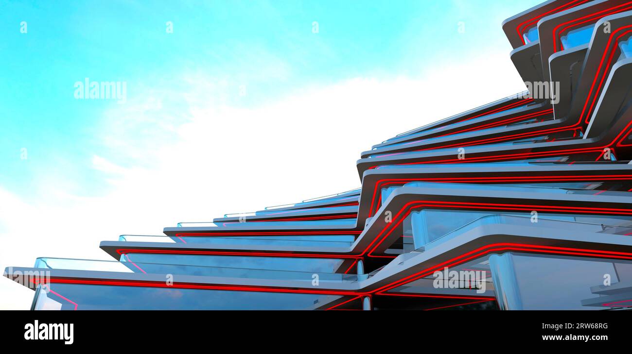 Day view of the stylish low-rise hotel with glass facade and red ...