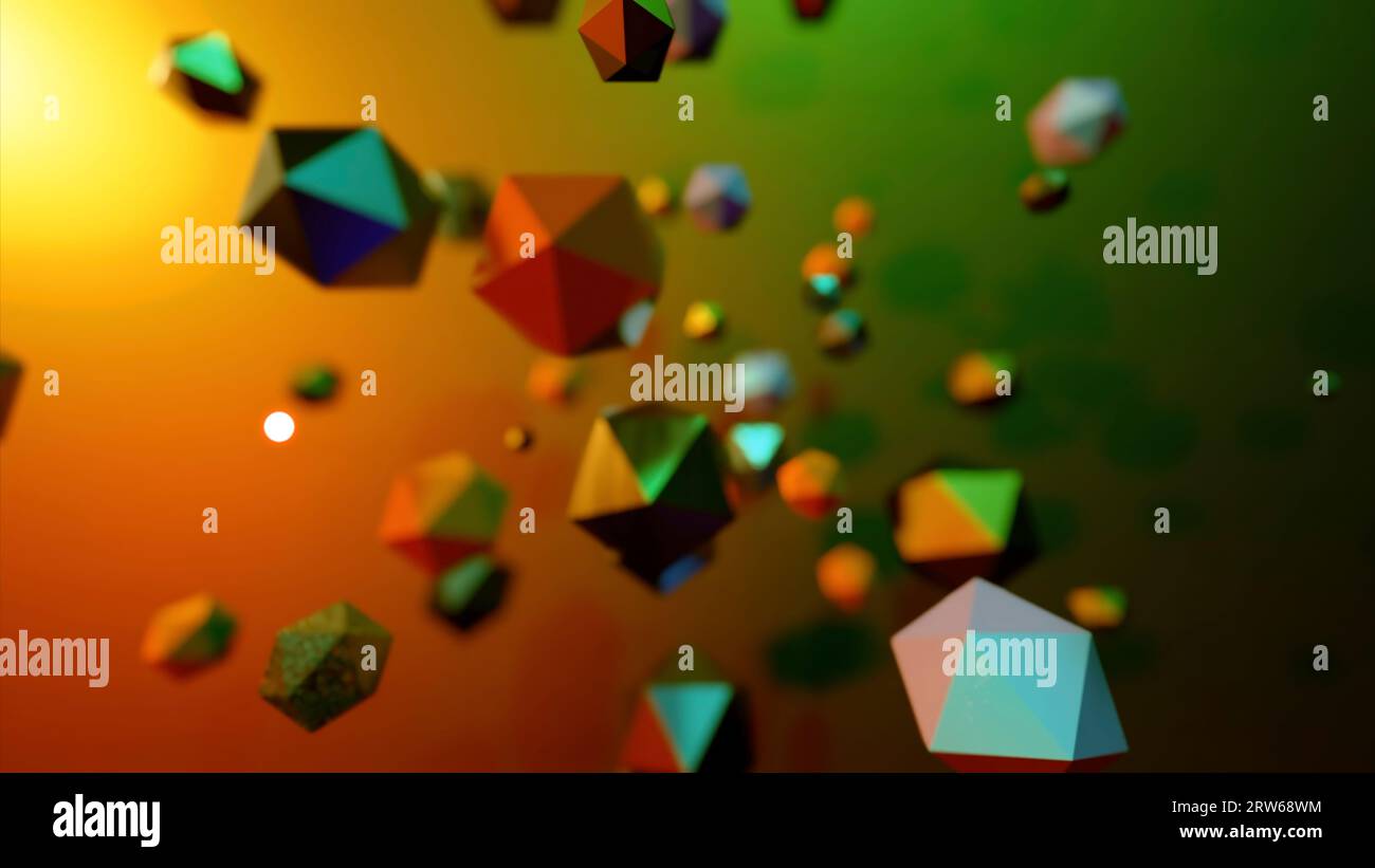 Polygonal balls randomly move in space. Design. Lots of flying ...