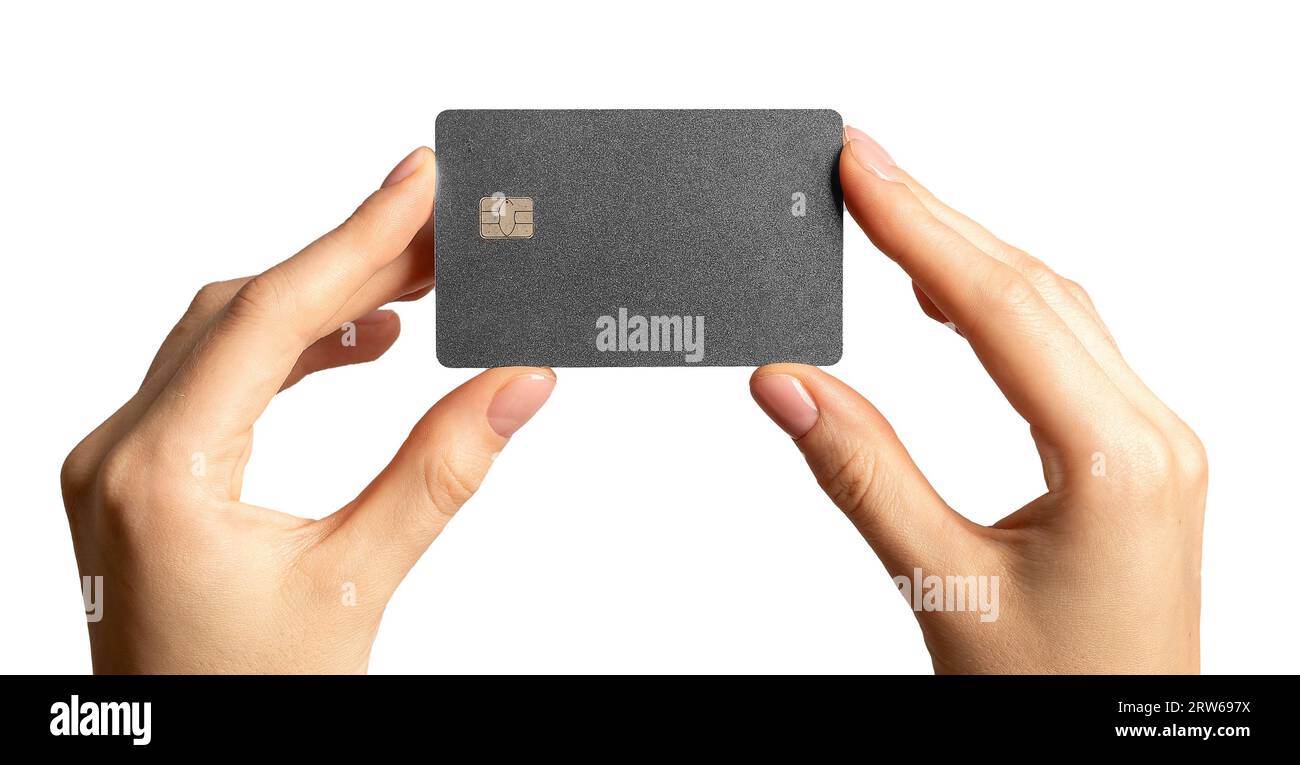 Hands holding bank debit card mock up isolated on white Stock Photo - Alamy